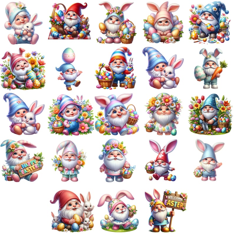 Spring Gnome Clipart, Watercolor Flowers, Cute Easter Decor, Bunny and ...