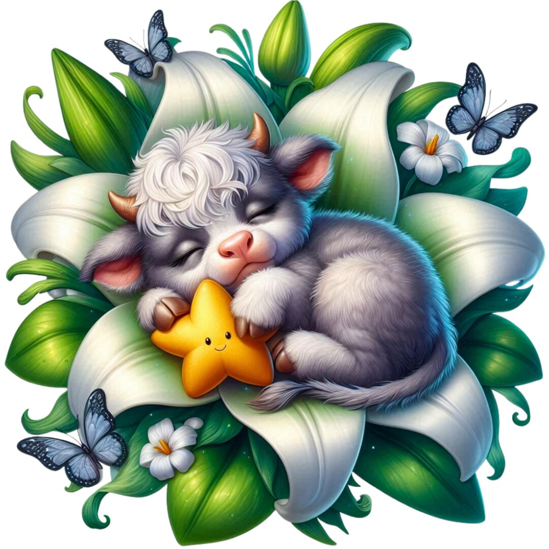 Watercolor Sleeping Baby Highland Cow Clipart PNG, Floral Cow, Flower ...