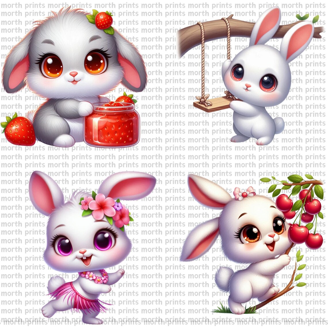 Spring Bunny Clipart PNG, Rabbits With Flowers, Wreaths & Bows, 29 ...