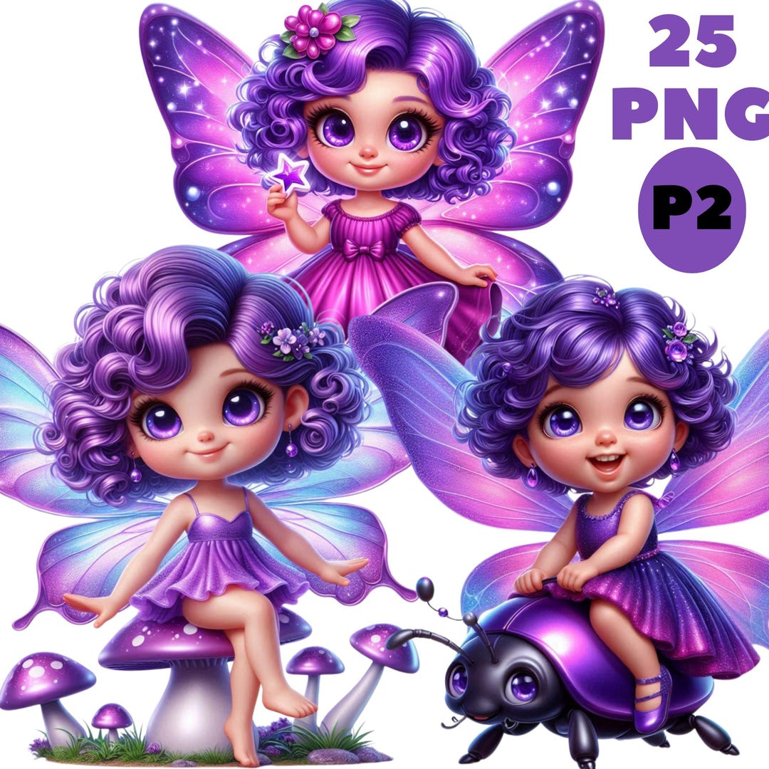 Purple Fairy Clipart PNG Set, Enchanted Violet Fairies & Flowers, 25 ...