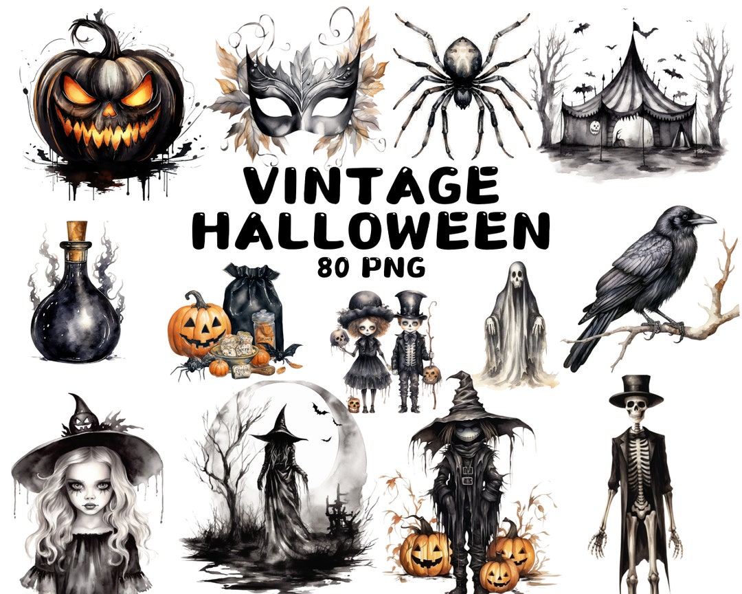 Vintage Halloween Watercolor Clipart PNG, Retro Pumpkins Ghosts Black ...
