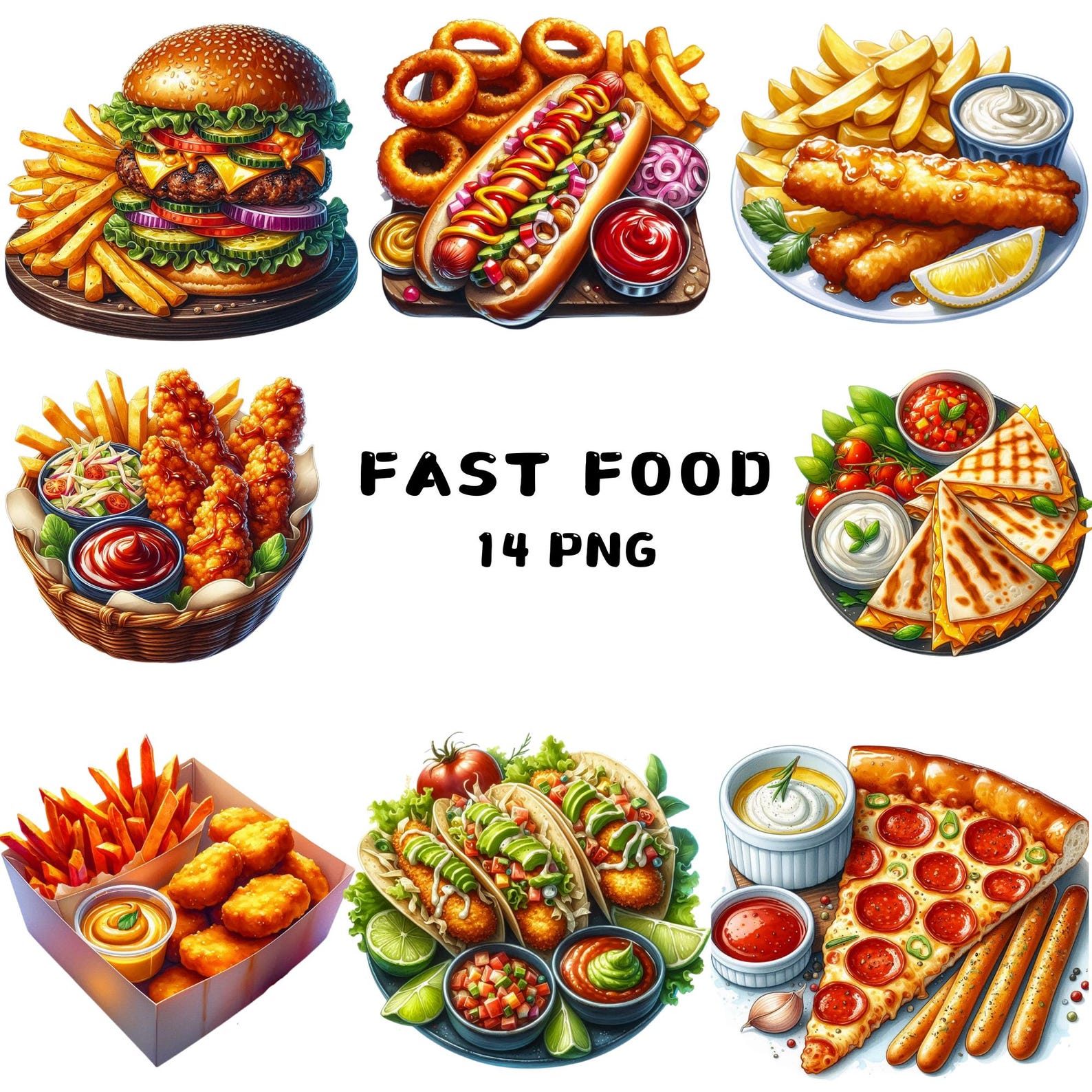 Fast Food Clipart PNG, Pizza, Burger, Fries & Soda, 14 PNG File, Tasty ...