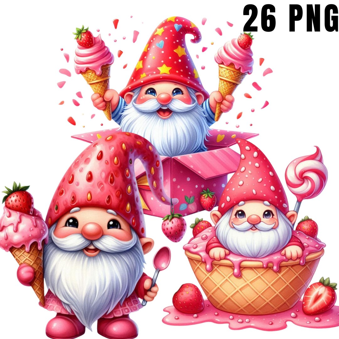 Strawberry Ice Cream Gnome Clipart, Summer Dessert PNG for Stickers ...