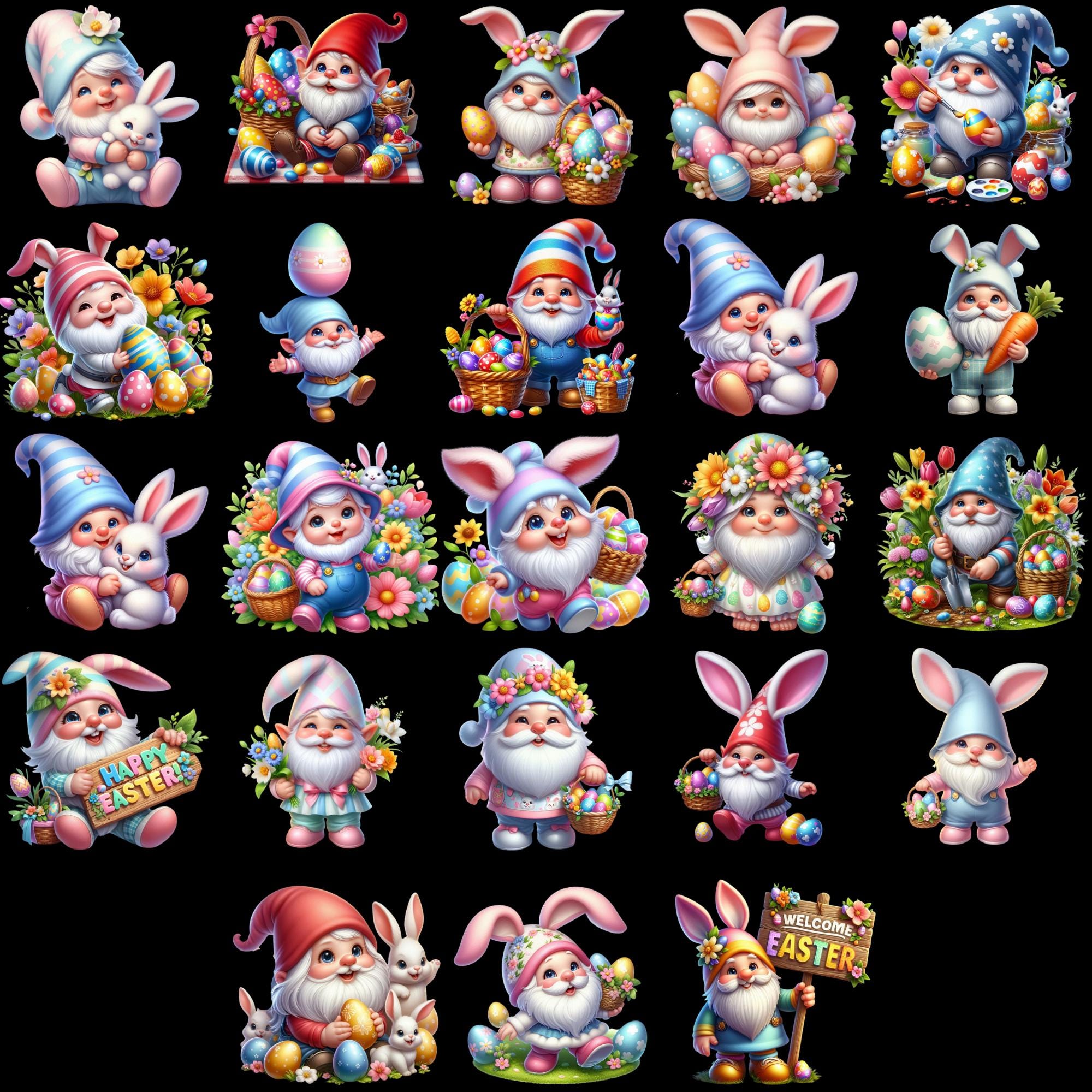 Spring Gnome Clipart, Watercolor Flowers, Cute Easter Decor, Bunny and ...