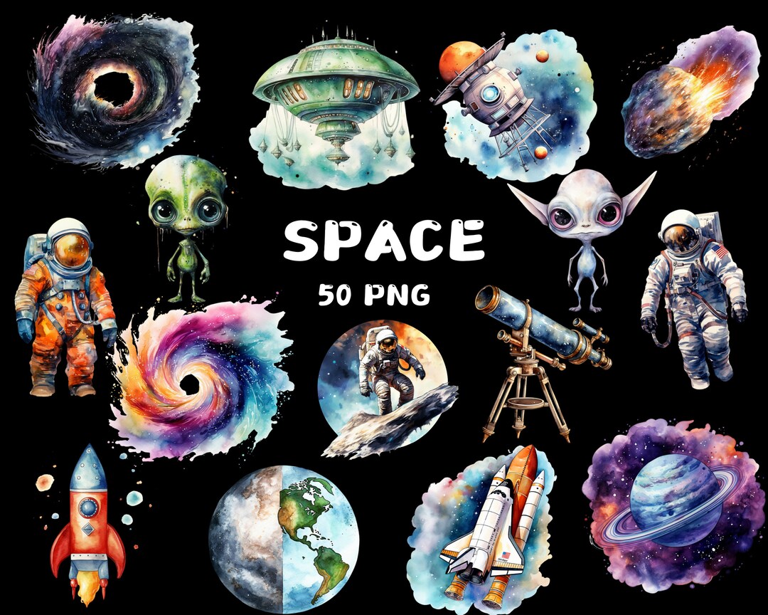 50 Watercolor Space Clipart , Planet, Spiral Galaxy, Moon, Observatory ...