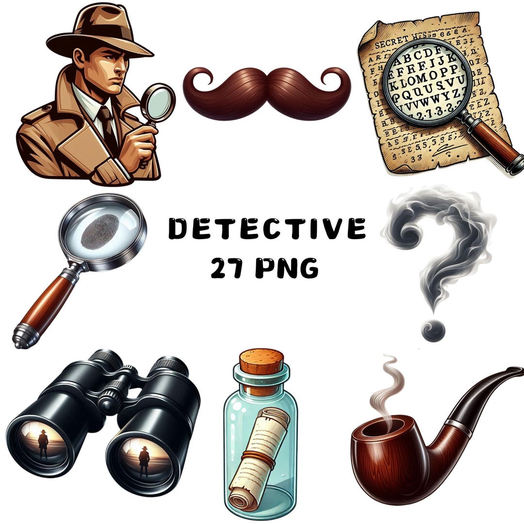 Detective Clipart Set, Spy Mystery Solver PNG, Sherlock Icons Vintage ...