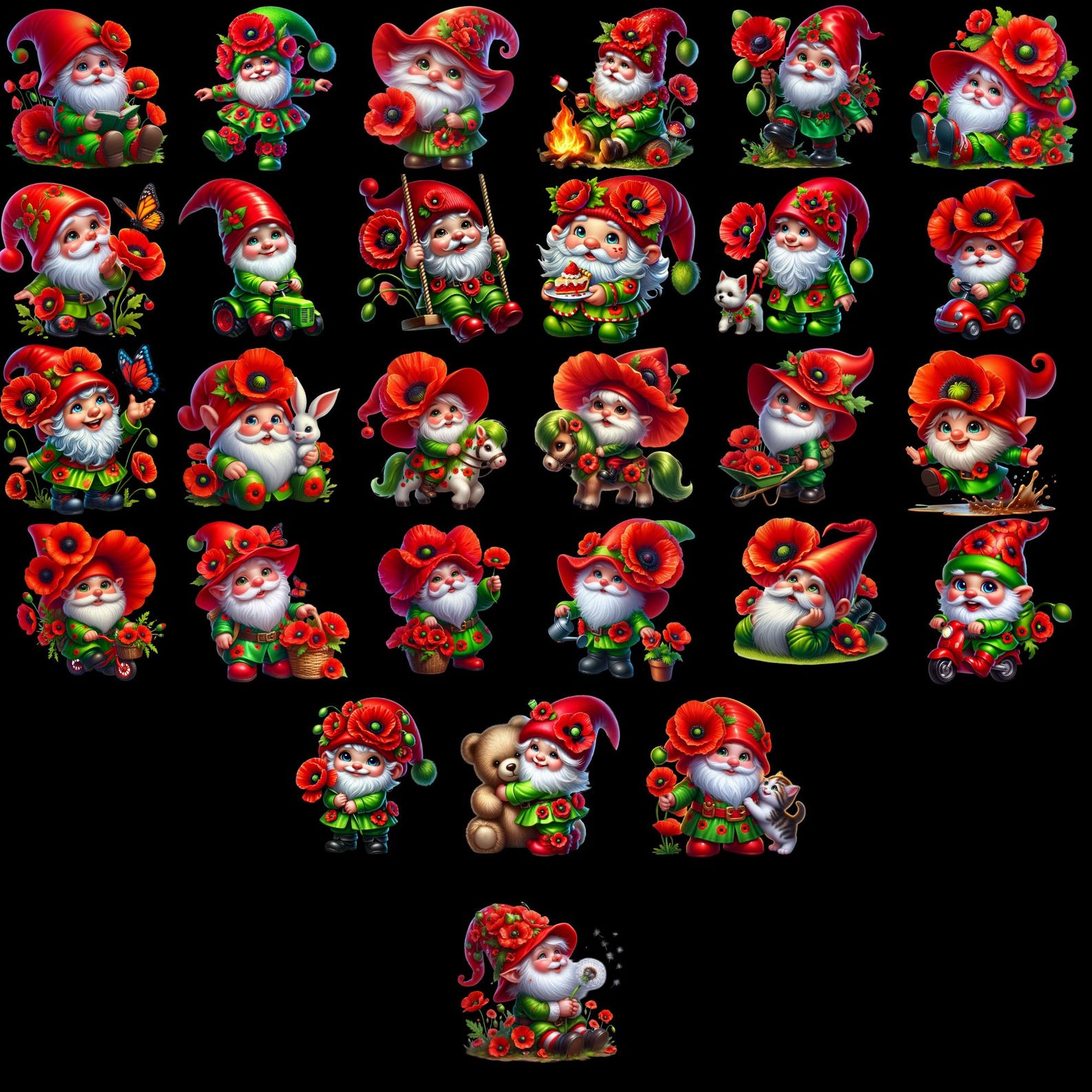 Poppy Gnome Clipart PNG, Floral Red Poppy Gnomes, 28 Files, Garden ...