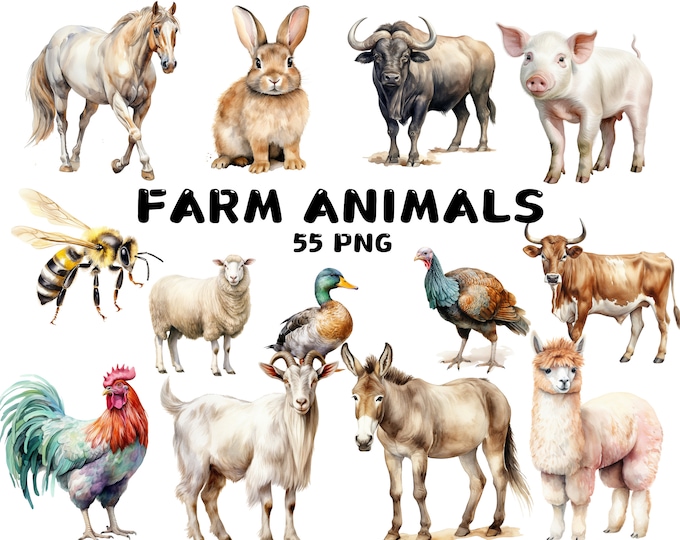 Cute and Funny Farm Animals Clipart PNG Bundle 46 Watercolor Cow, Goat ...