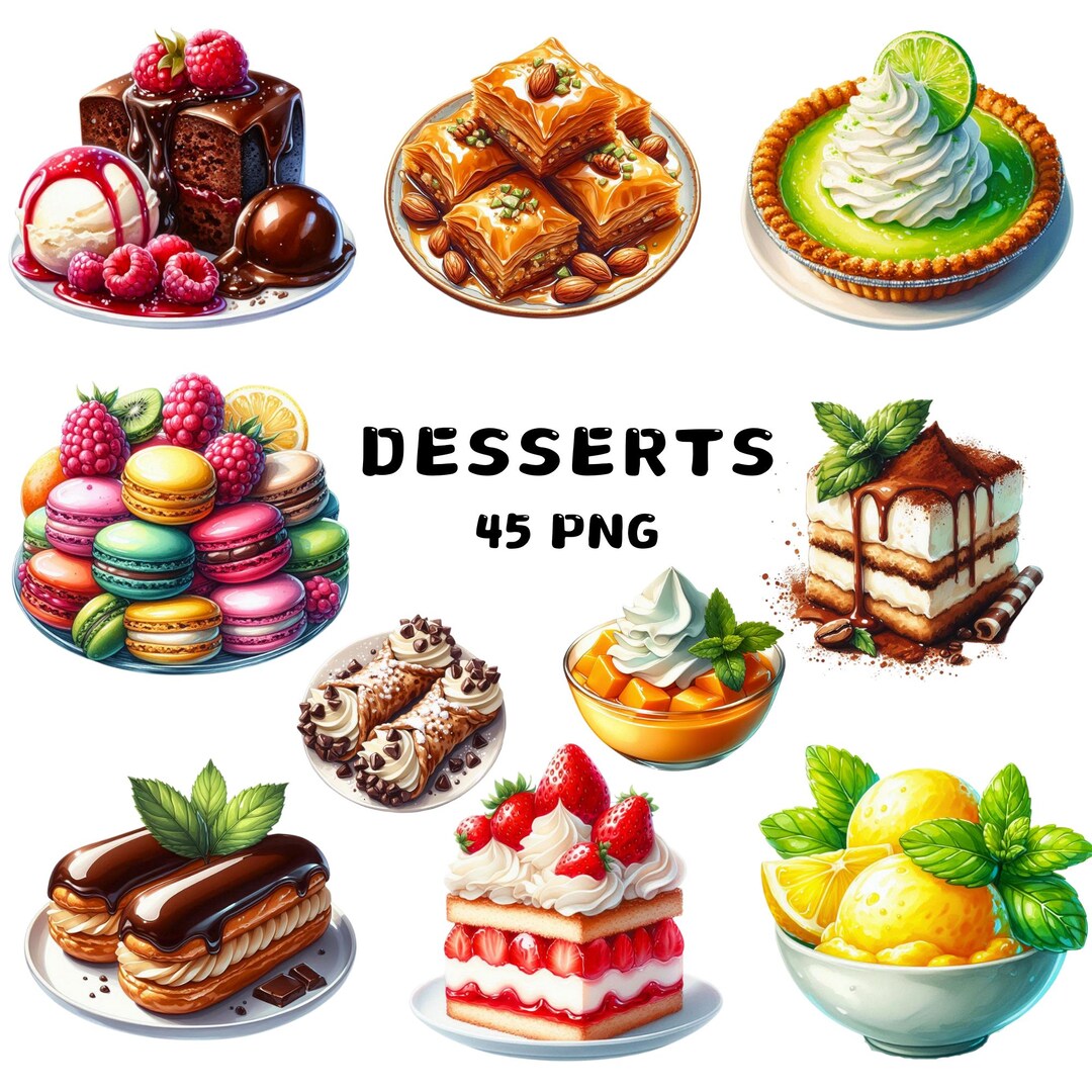 Watercolor Desserts Clipart, Cakes Pastries Donuts Cupcakes, 45 PNG ...