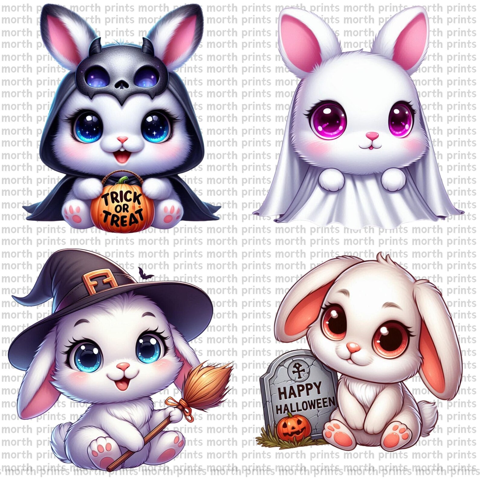 Halloween Bunny Clipart PNG, Rabbits With Pumpkins, Bats & Witch Hats ...