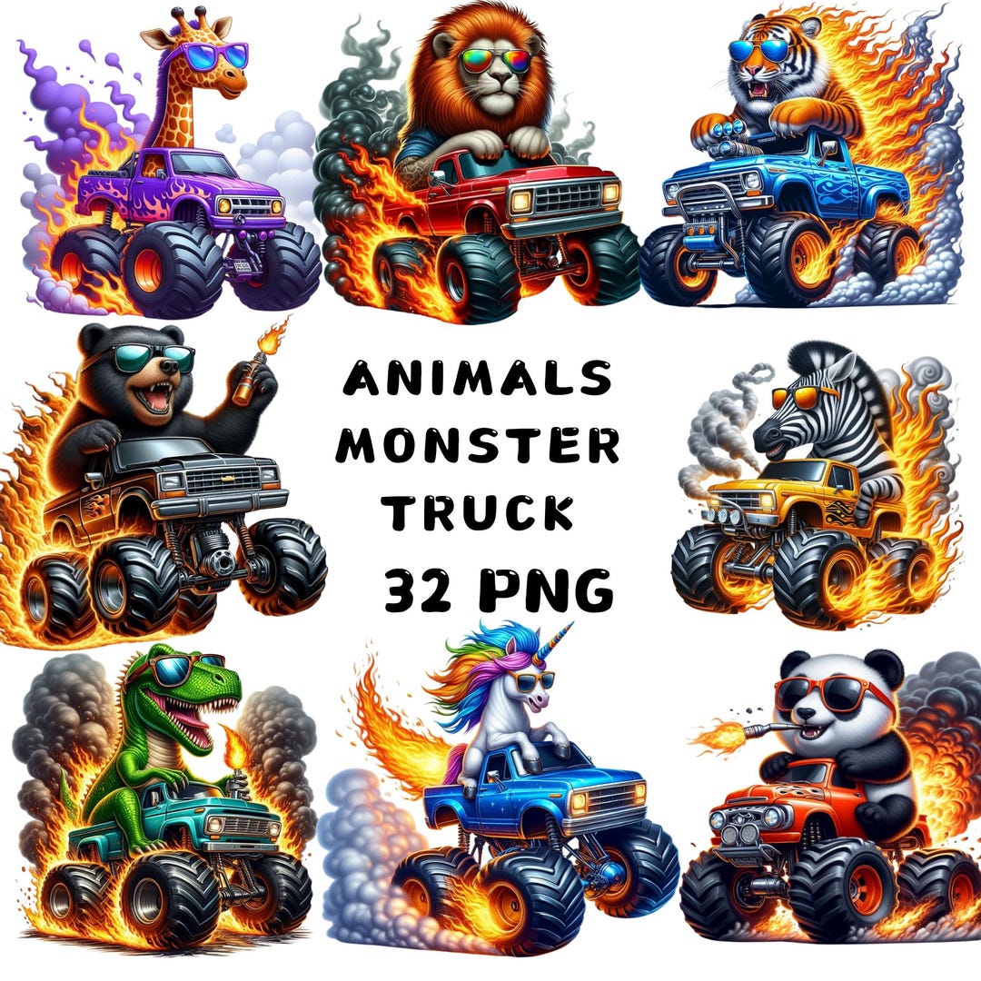 Animal Monster Truck Clipart, Offroad PNG Bundle, Cute Animal Trucks ...