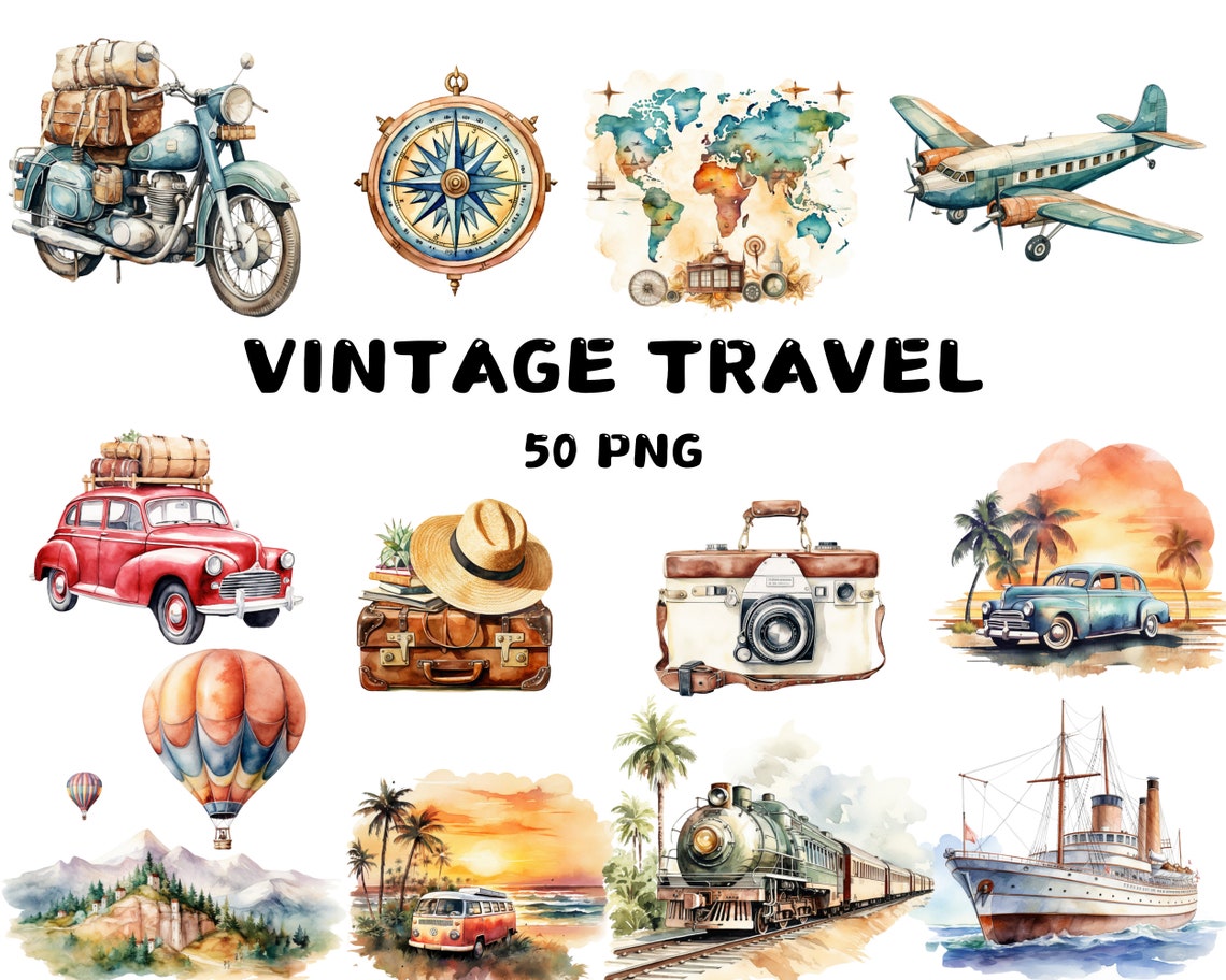 50 Watercolor Vintage Travel Clipart Suitcase, Camera, Summer, Vintage ...