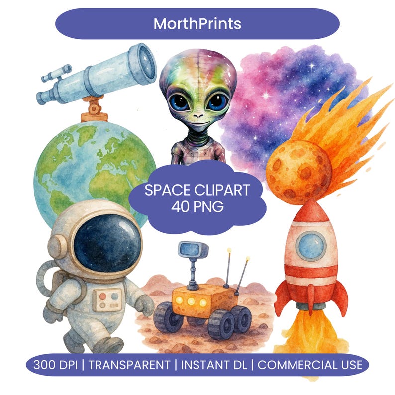 Space Clipart Bundle, Cute Alien, Rocket, Planet, Telescope and Galaxy ...
