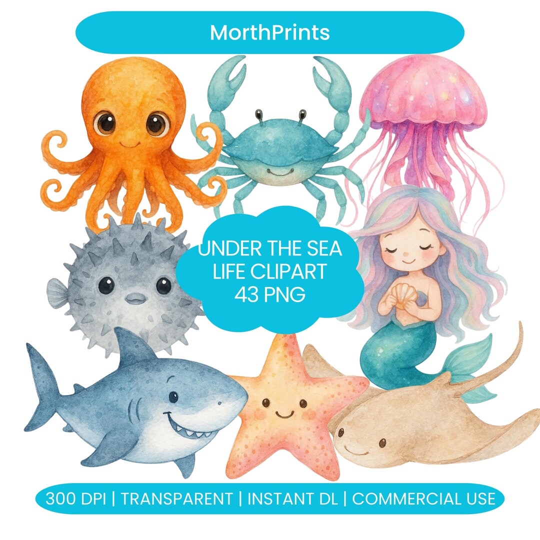 Under the Sea Clipart Bundle, Cute Ocean Sea Life Animals PNG, Whale ...