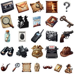 Detective Clipart Set, Spy Mystery Solver PNG, Sherlock Icons Vintage ...