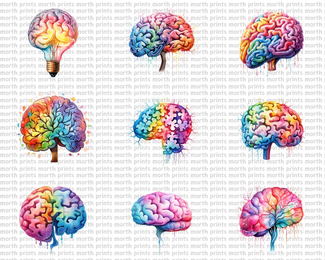 45 Watercolor Brains Clipart Colorful Painted Brain, Illustrations ...