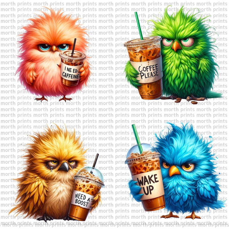 Grumpy Coffee Bird Clipart PNG, Funny Morning Birds With Mugs ...