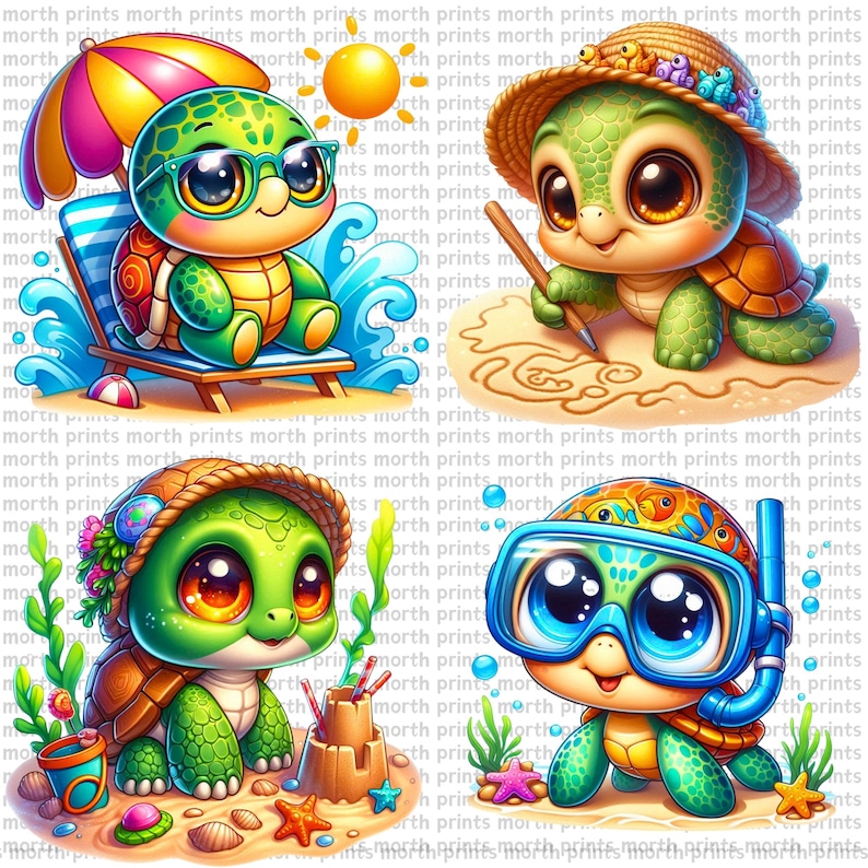 Beach Turtle Clipart PNG, Summer Sea Turtles With Surf & Shells, 29 PNG ...