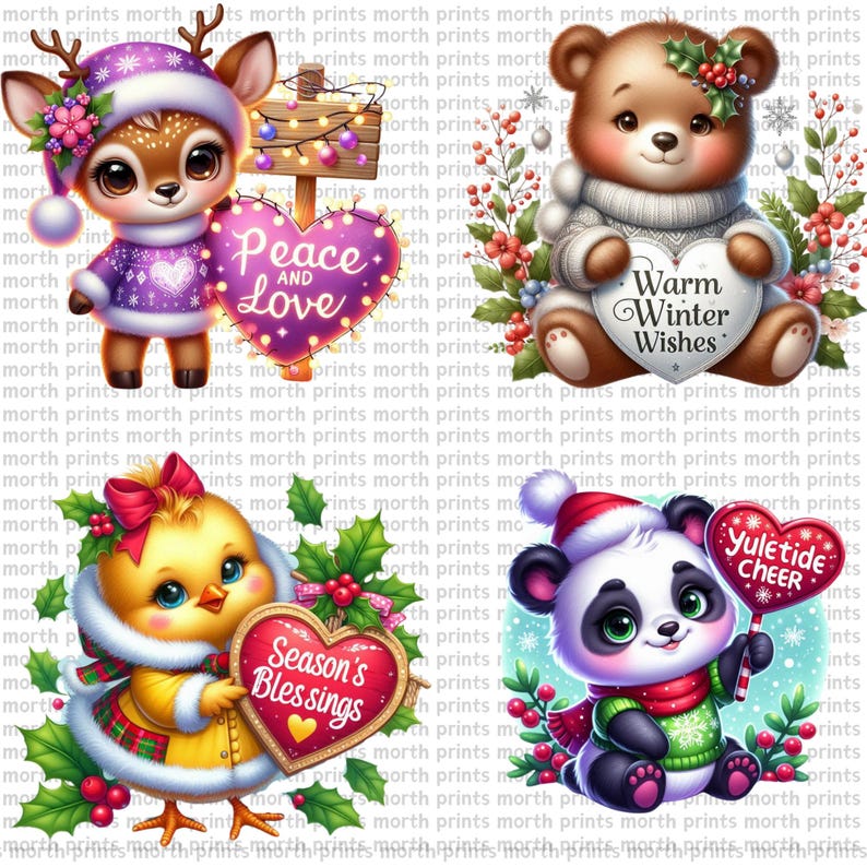 Cute Christmas Animals Clipart PNG, Baby Critters With Hats & Lights ...