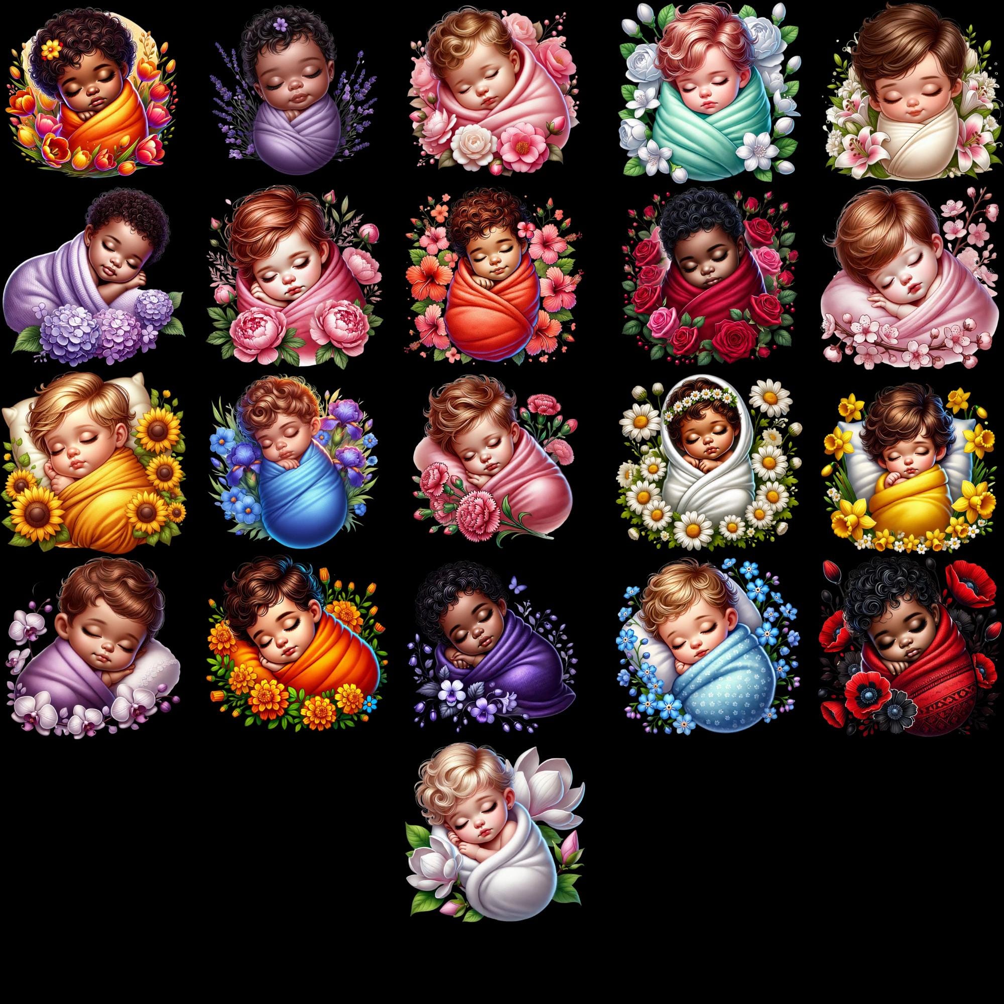 Sleepy Babies Clipart, Spring Nursery Decor PNG, Floral Babies Stickers ...