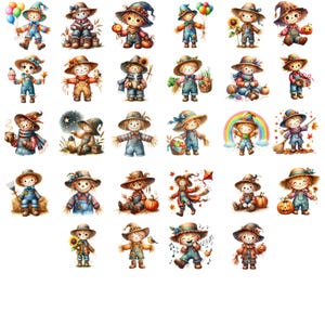 Cute Scarecrow Clipart, Kawaii Fall PNG, Harvest Stickers for Nursery ...