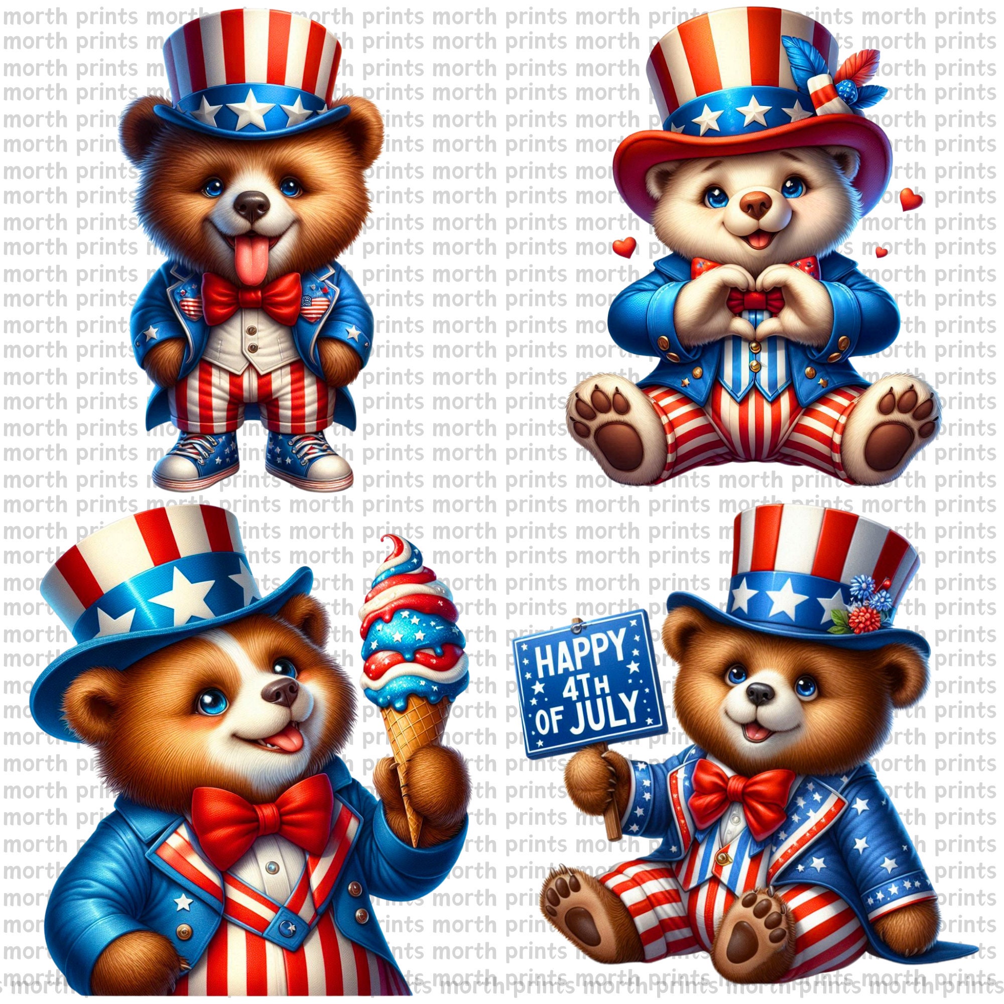 Patriotic Bear Clipart PNG Bundle, USA 4th of July Bears With Flags ...