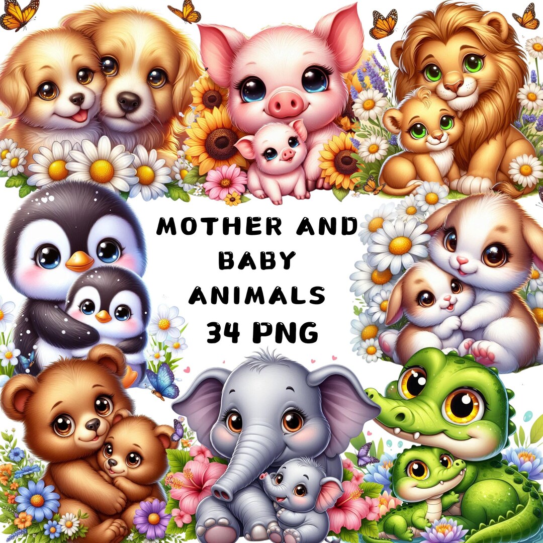 Mother and Baby Animals Clipart, Safari Nursery PNG, Family Creatures ...
