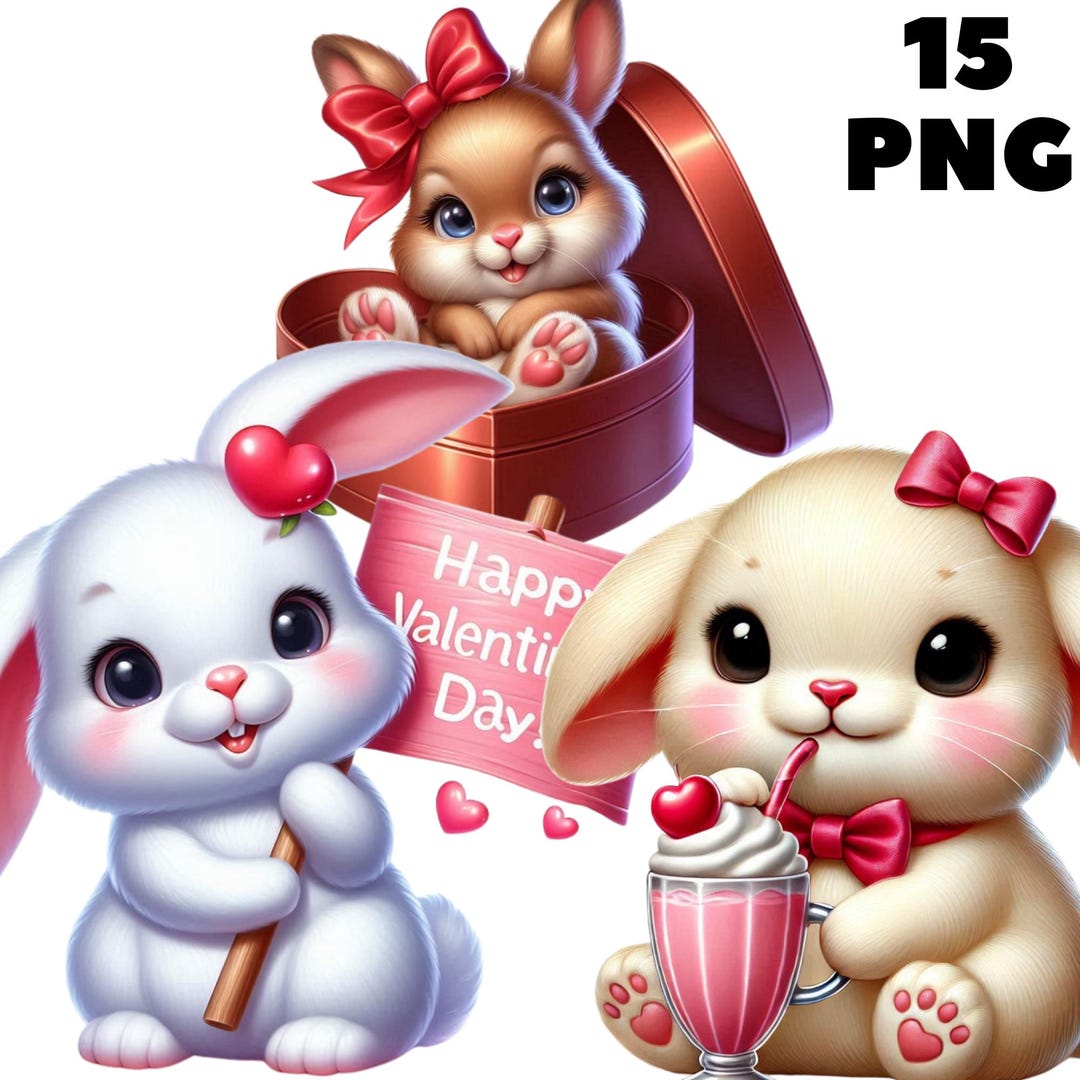 Valentine Bunny Clipart PNG – 15 Cute Bunnies With Hearts, Balloons ...