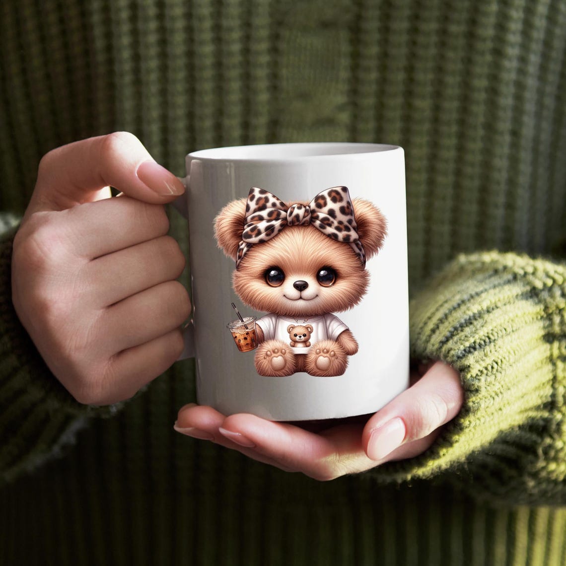 Cute Teddy Bear Clipart, Leopard Print Bow Coffee PNG for Mugs, Shirts ...