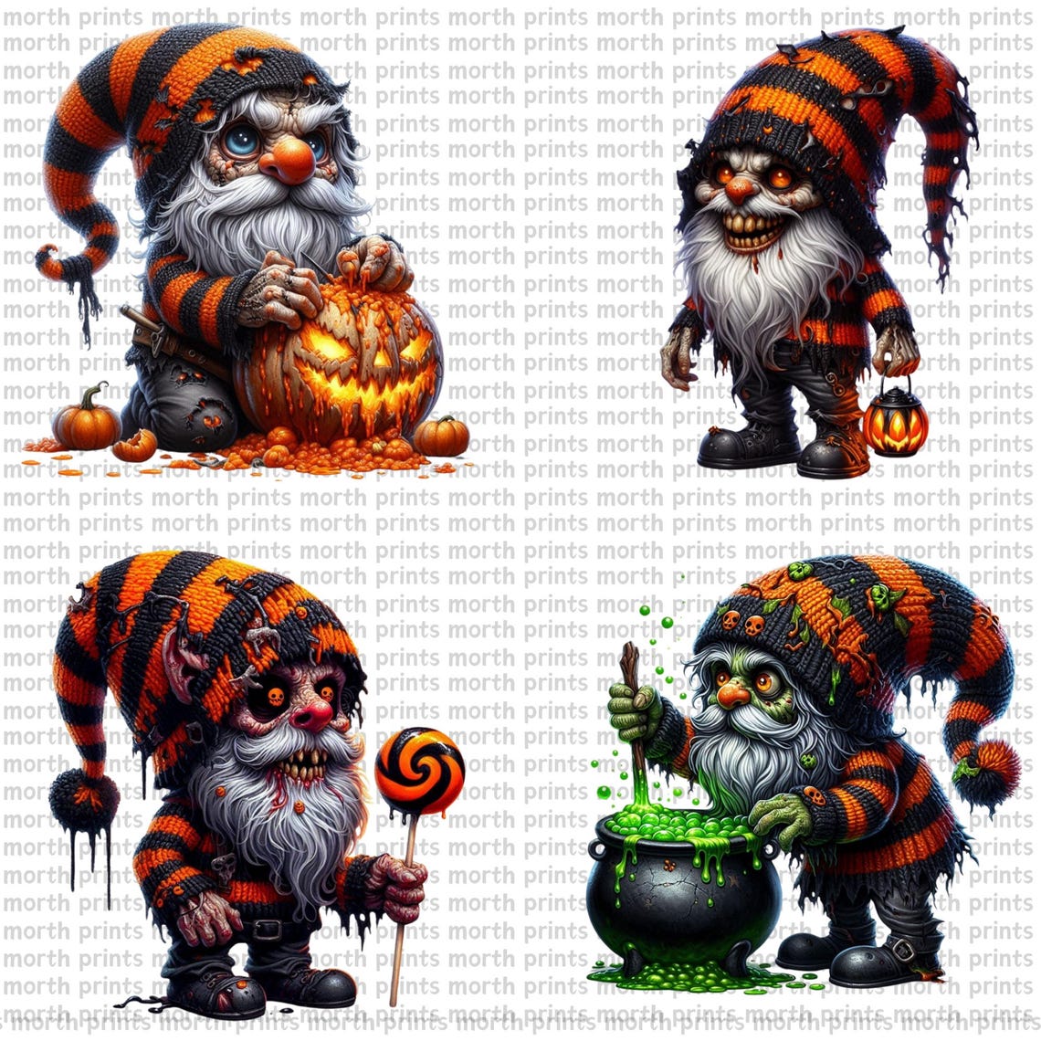 Zombie Gnome Clipart, Spooky Undead Gnomes With Brains & Goo, Halloween ...