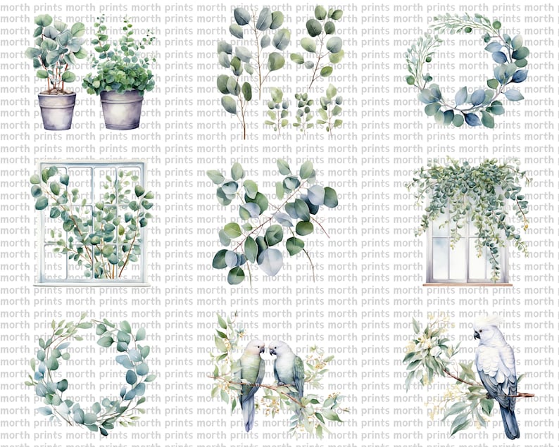 Watercolor Eucalyptus Clipart, Green Leaves Stems, Wreaths, Wedding ...