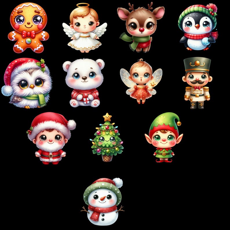 Cute Christmas Clipart PNG, Santa, Reindeer & Snowman, 12 PNG Files ...