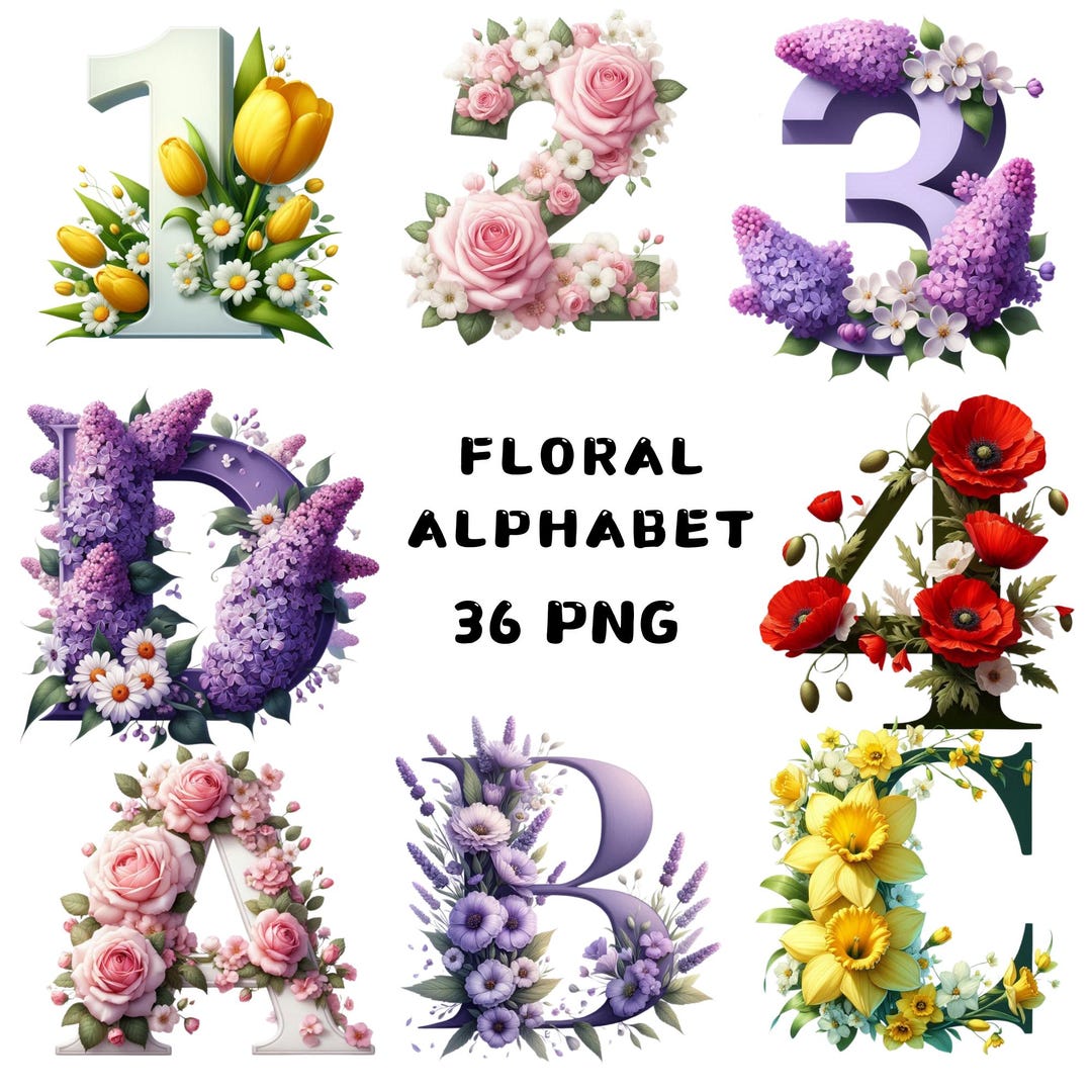 36 PNG, Watercolor Floral Alphabet Collection Clipart, Pink Alphabet ...