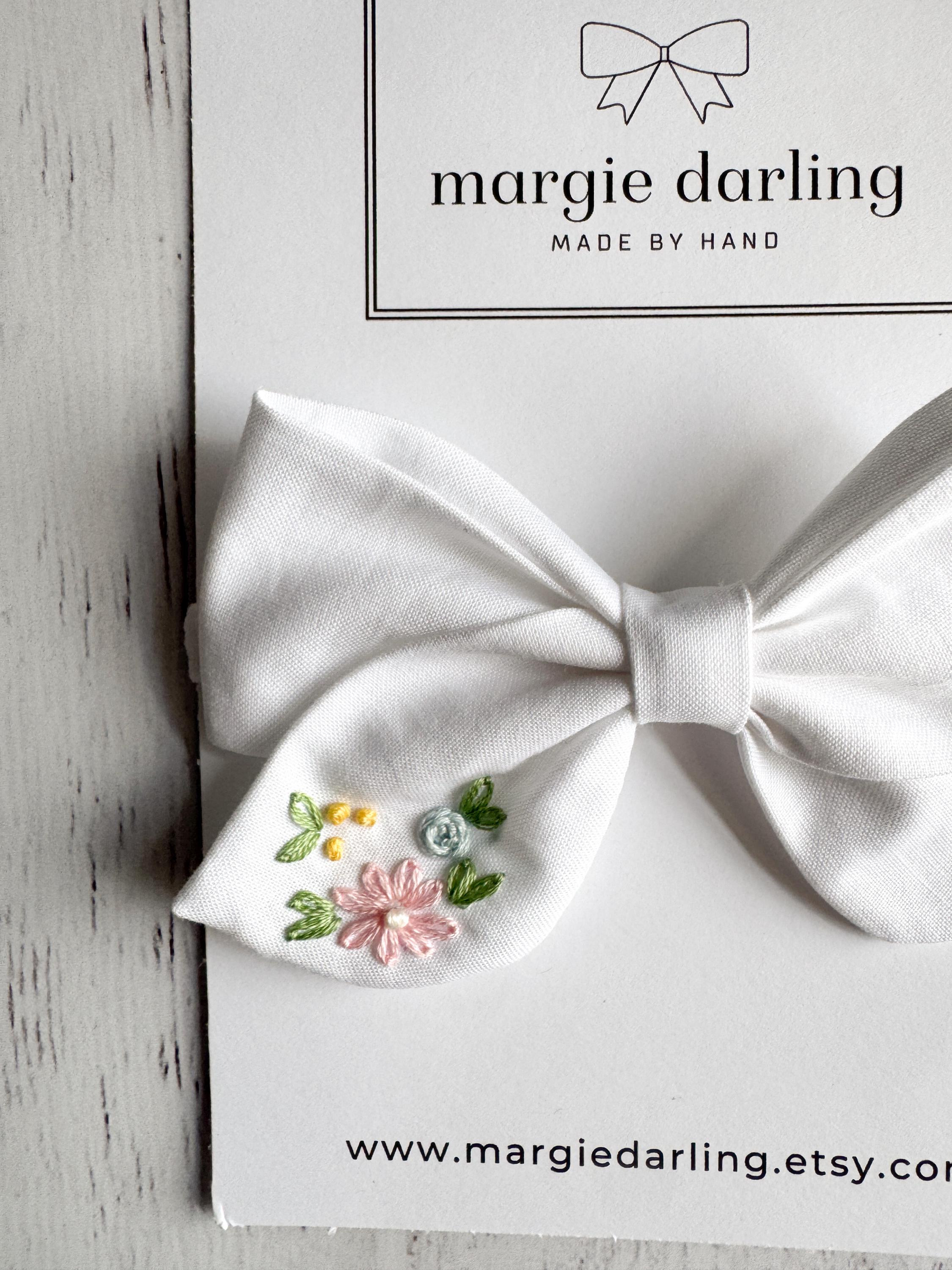White Hand Embroidered 4” Spring Pastel Easter Hair Bow, Headband ...