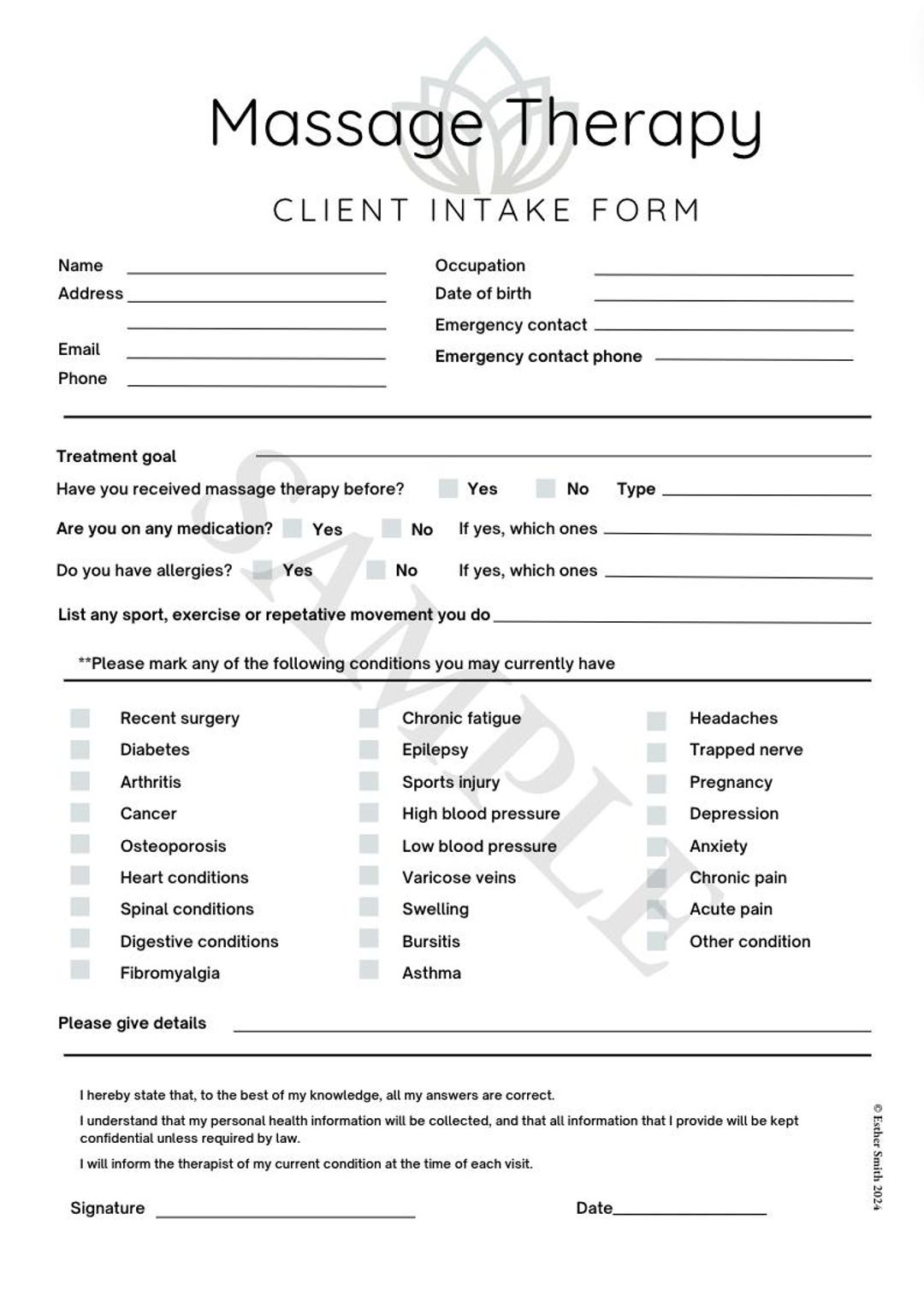 Massage Therapy Client Intake Form - Etsy