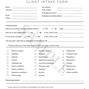 Massage Therapy Client Intake Form - Etsy