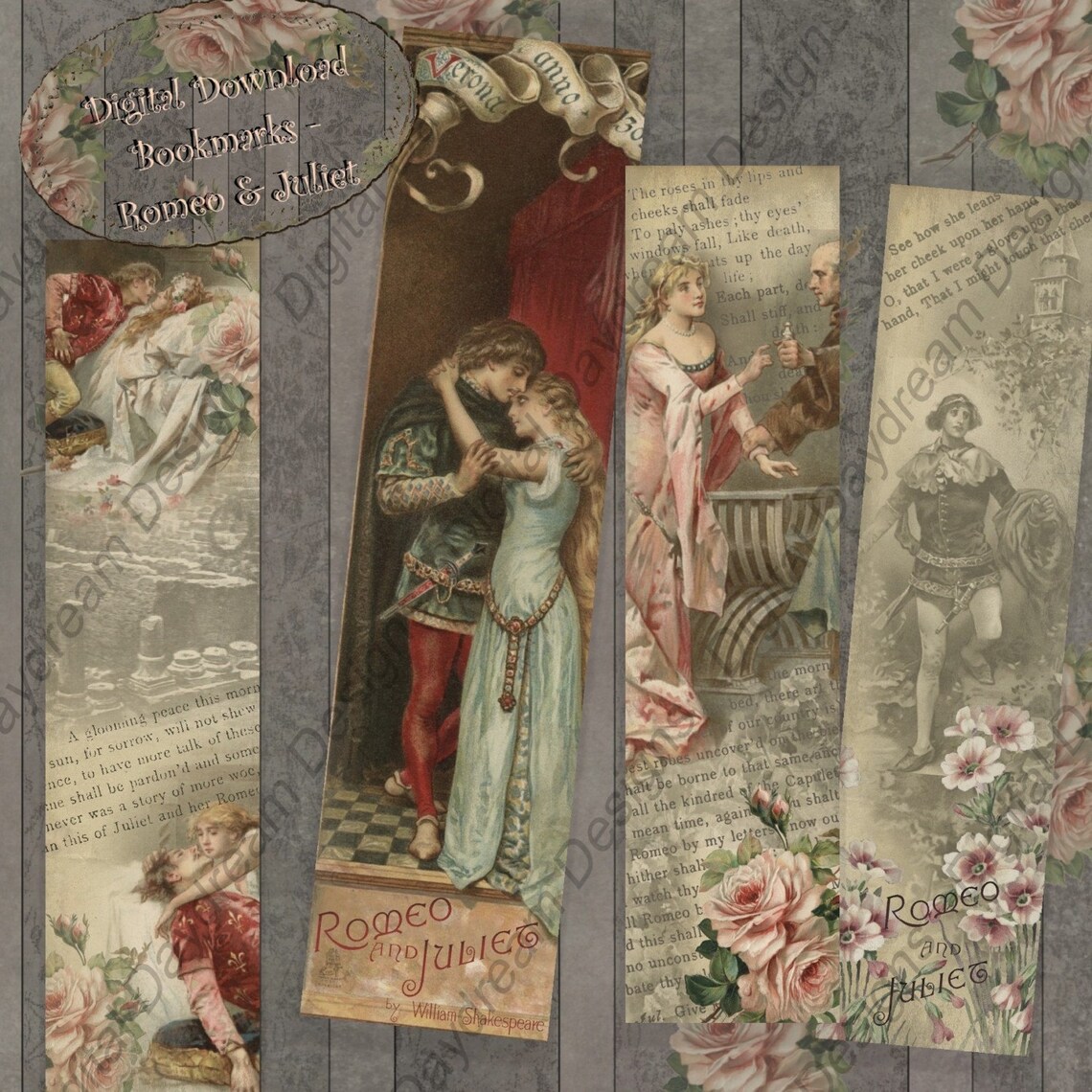 Printable Bookmarks Romeo and Juliet Instant Download DIY Gift Kit ...