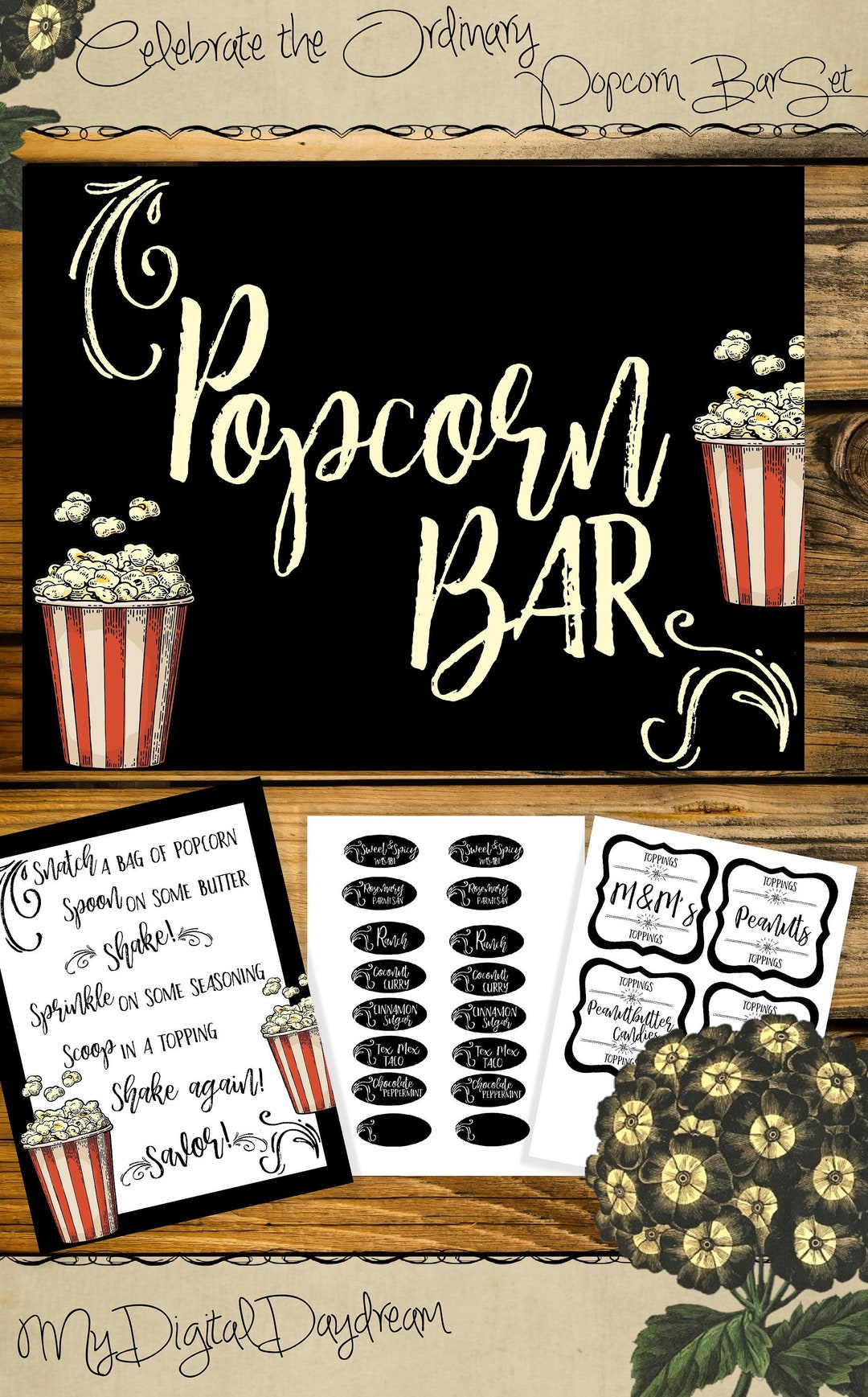 Digital Download Popcorn Bar Party Set Signs Flavor Stickers Topping ...