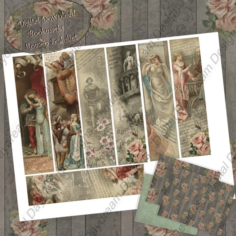 Printable Bookmarks Romeo and Juliet Instant Download DIY Gift Kit ...