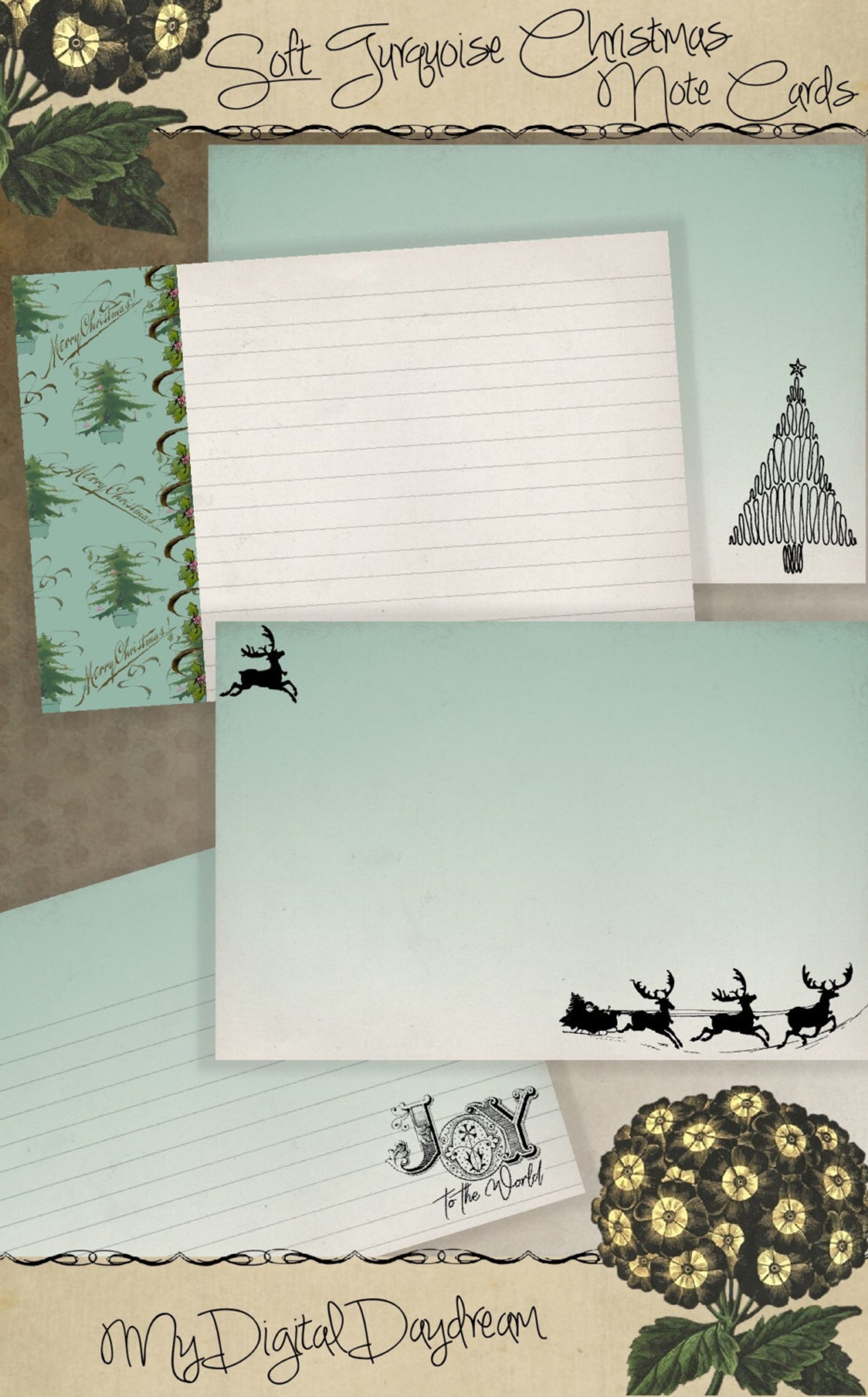 4x6 Holiday Printable Soft Aqua Pastel Christmas Note Card Gift Tag Set ...