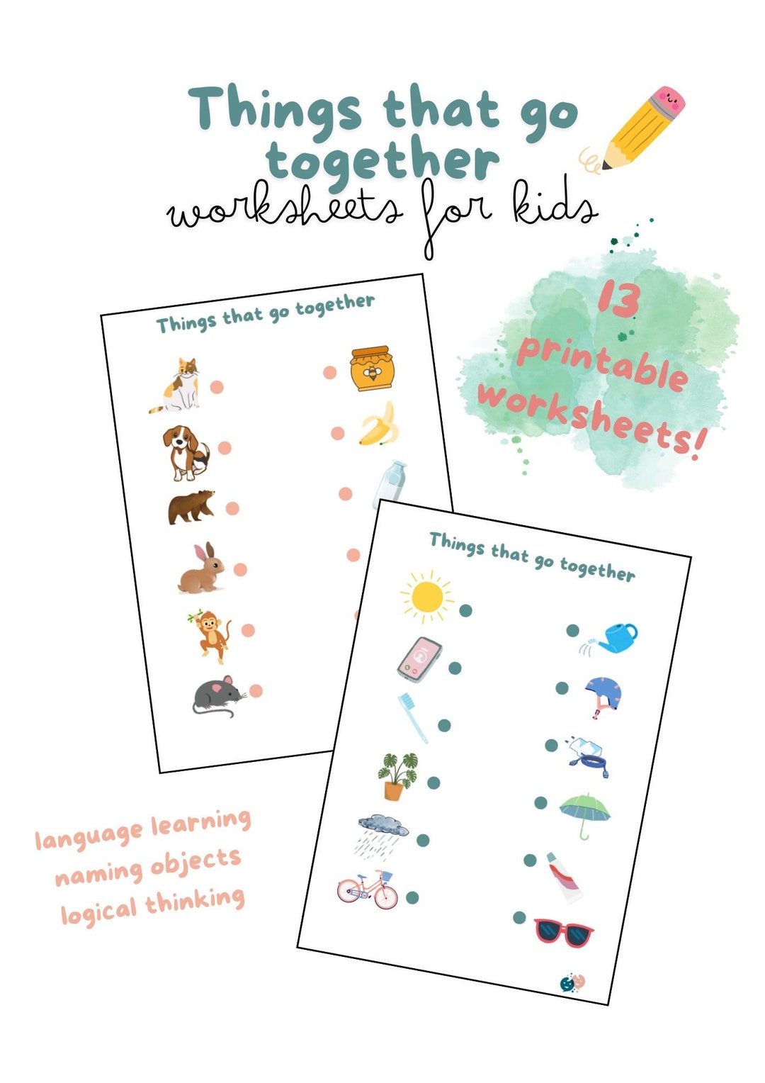Kids Learning Worksheet Printable Set, Things That Go Together ...