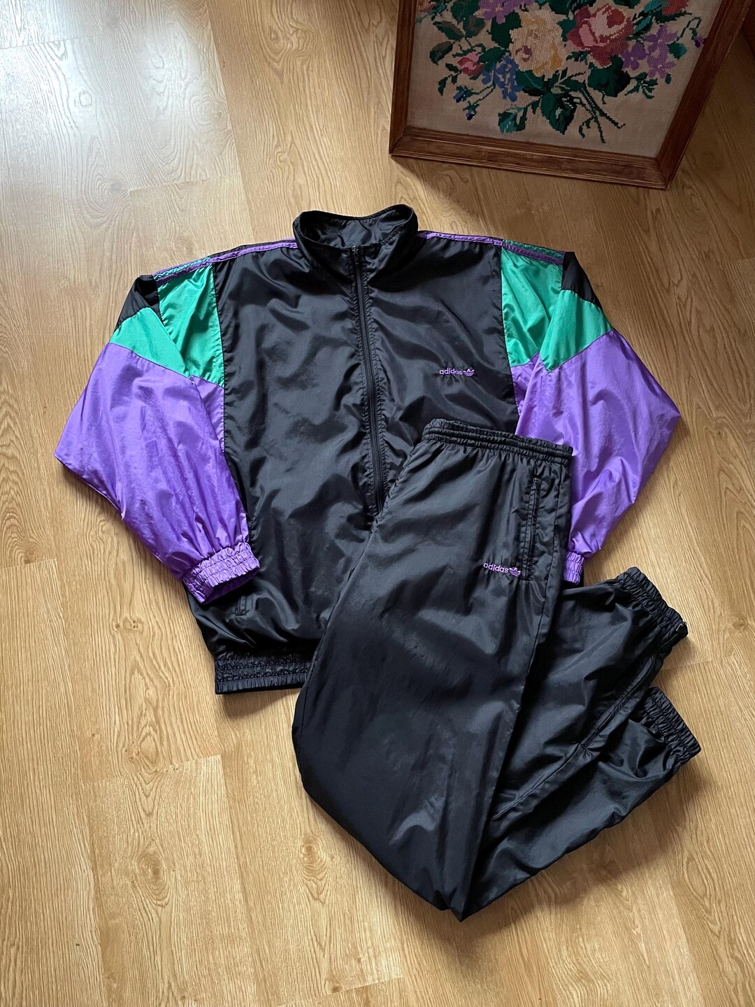 RARE 90s Vintage Adidas Nylon Track Suit Jacket Pants Size L/XL Black ...