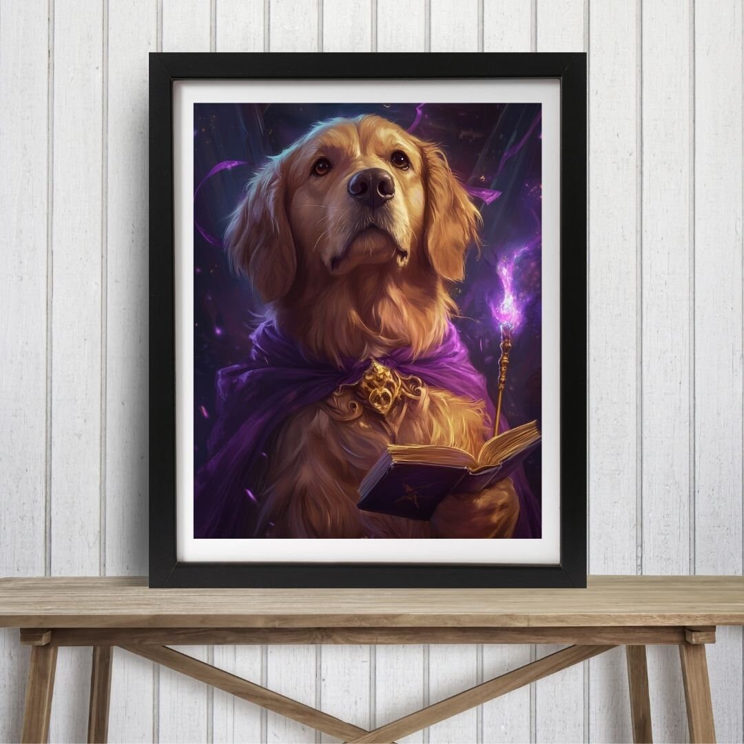 Wizard Golden Retriever Print: Halloween Dog Art, Geeky Room Decor ...