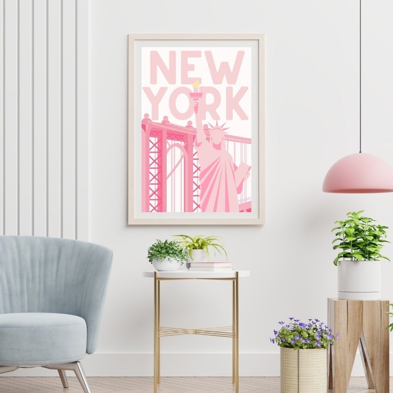 New York Poster, New York City Travel Print, Digital Art Download, Pink ...
