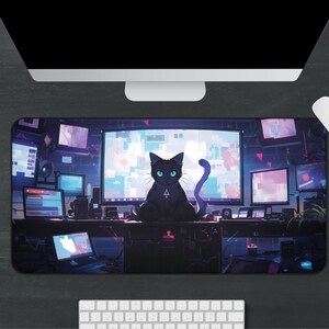 Cyber Cat Desk Mat Fantasy Cyberpunk Deskpad Vaporwave Sci-fi Cyborg ...