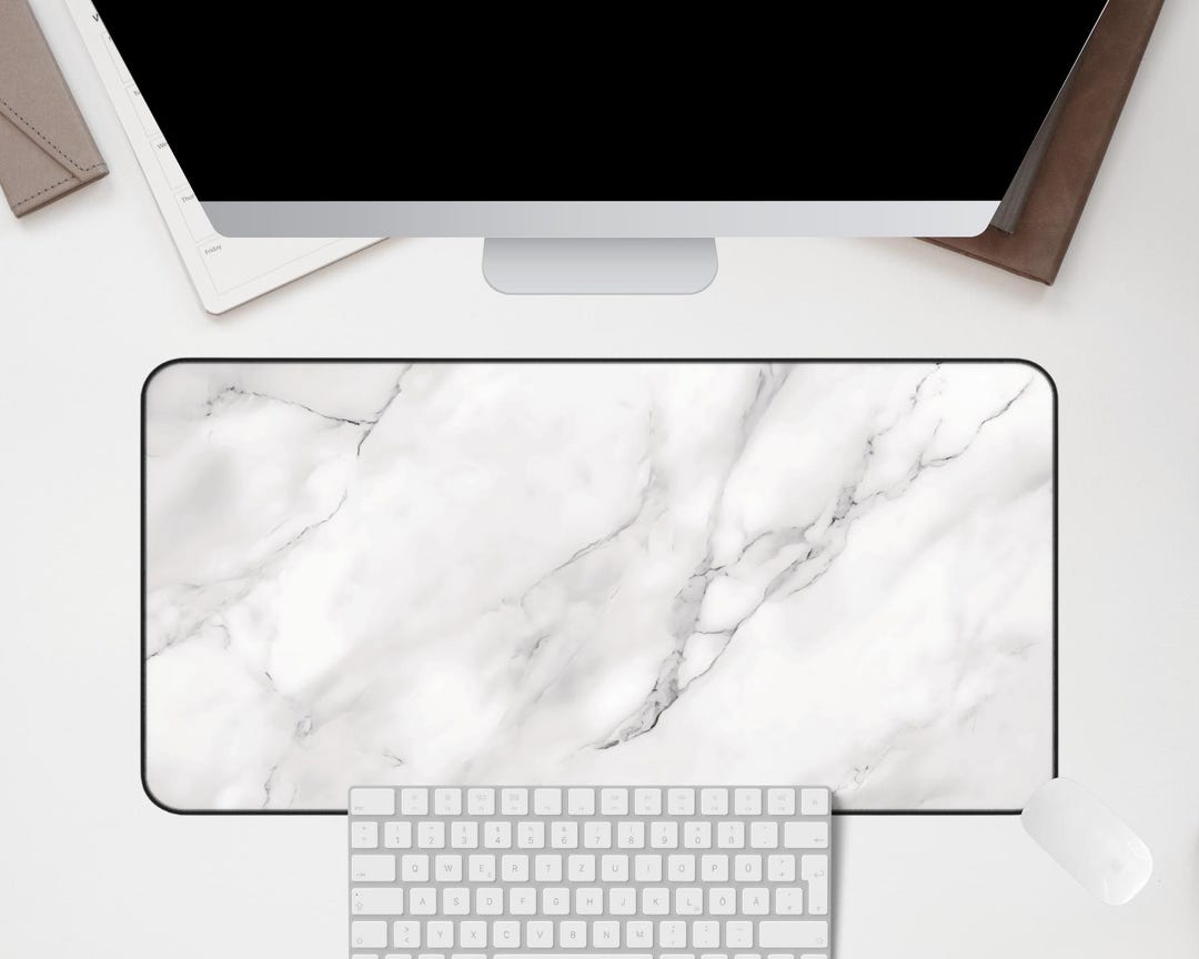 Classic White Marble Desk Mat Minimalist Abstract Deskpad Sleek White ...