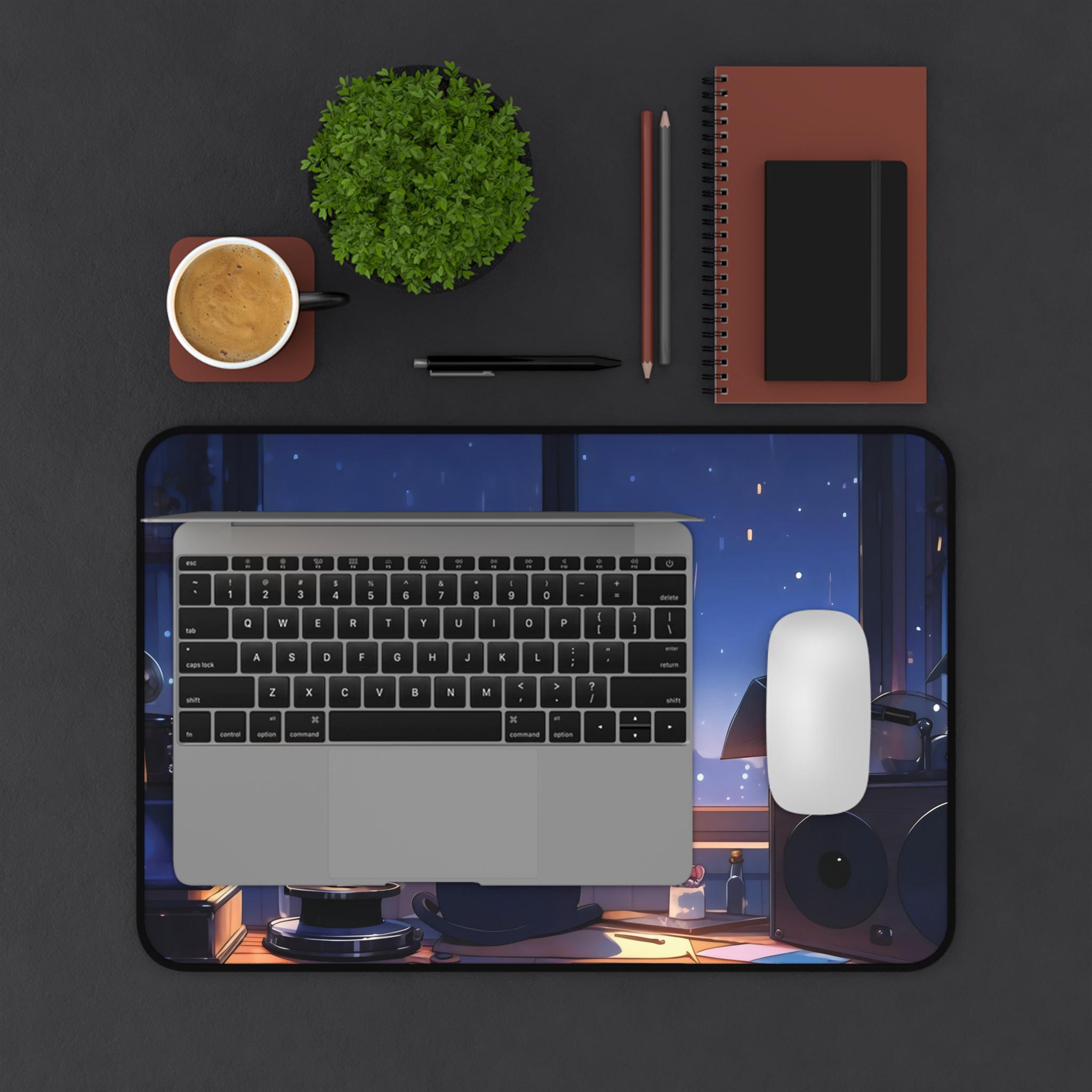 Cute Cat Lofi Desk Mat Cozy Rain Night Anime Deskpad Black Cat Chilling ...