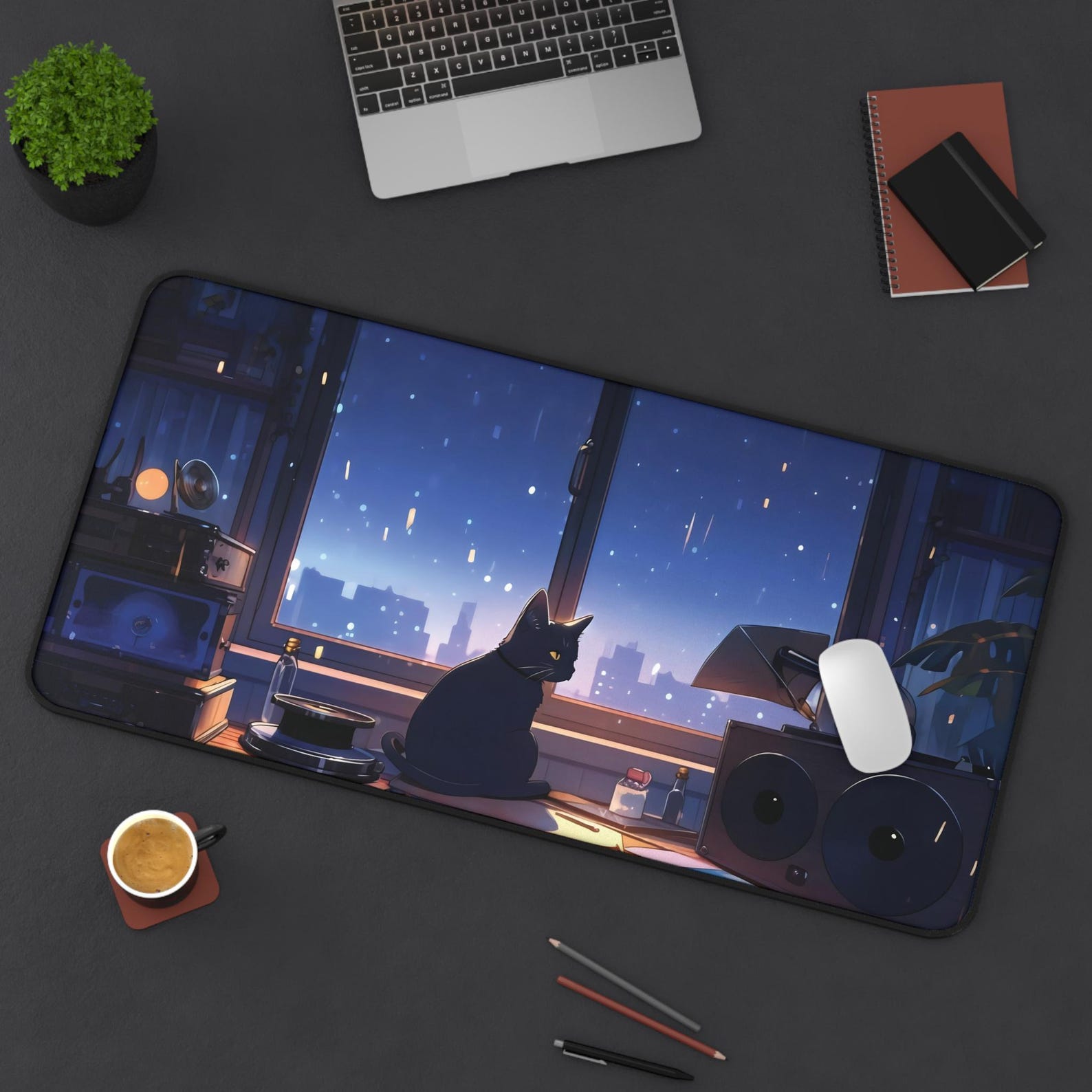 Cute Cat Lofi Desk Mat Cozy Rain Night Anime Deskpad Black Cat Chilling ...