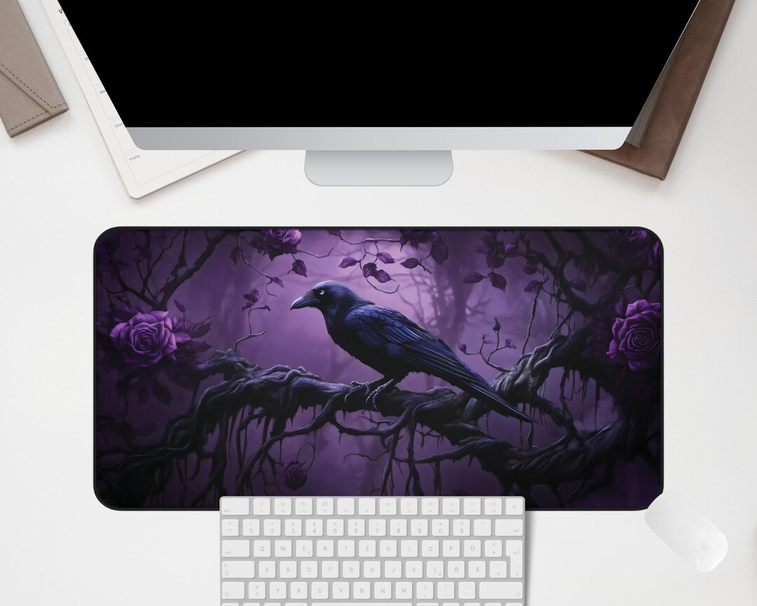 Gothic Raven Desk Mat Dark Academia Witchy Fantasy Deskpad Purple Rose ...