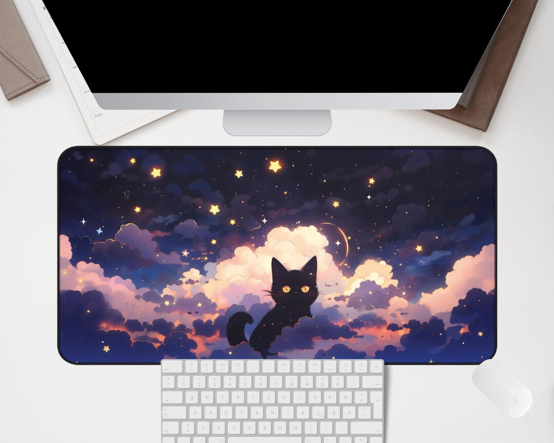 Black Cat Starry Night Sky Desk Mat Pastel Sky Cute Cat Deskpad Cloud ...